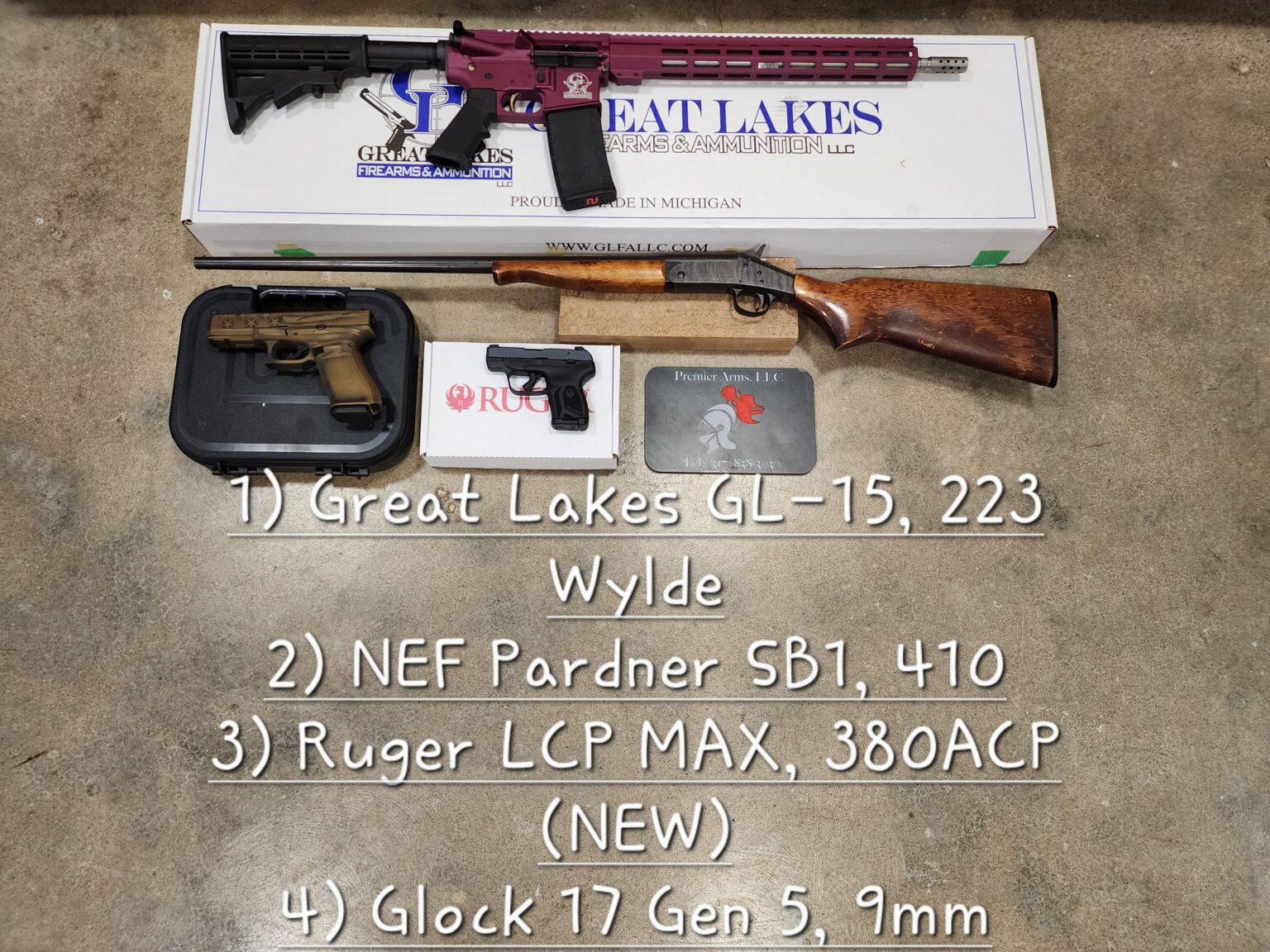 Great Lakes GL-15, NEF Pardner SB1, Ruger LCP MAX, Glock 17 Gen 5 - Premier Arms